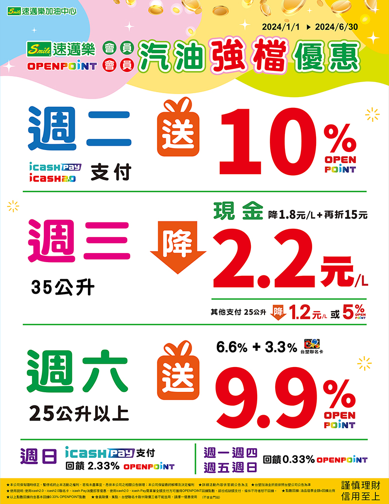2024/1/1 ︎2024/6/30汽油強檔優惠 - 檔期活動 - 促銷活動 - 統一精工-速邁樂加油站